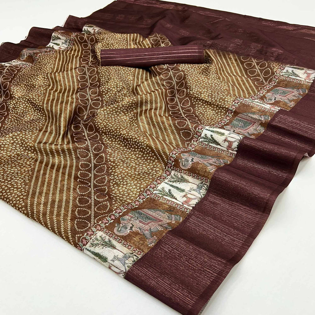 Beige & Brown Cotton Silk Saree with Digital Bandhani Print Design & R