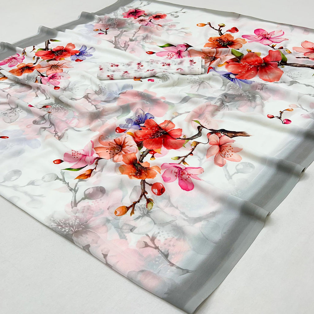 White Floral Printed Saree in Flowing Georgette Fabric