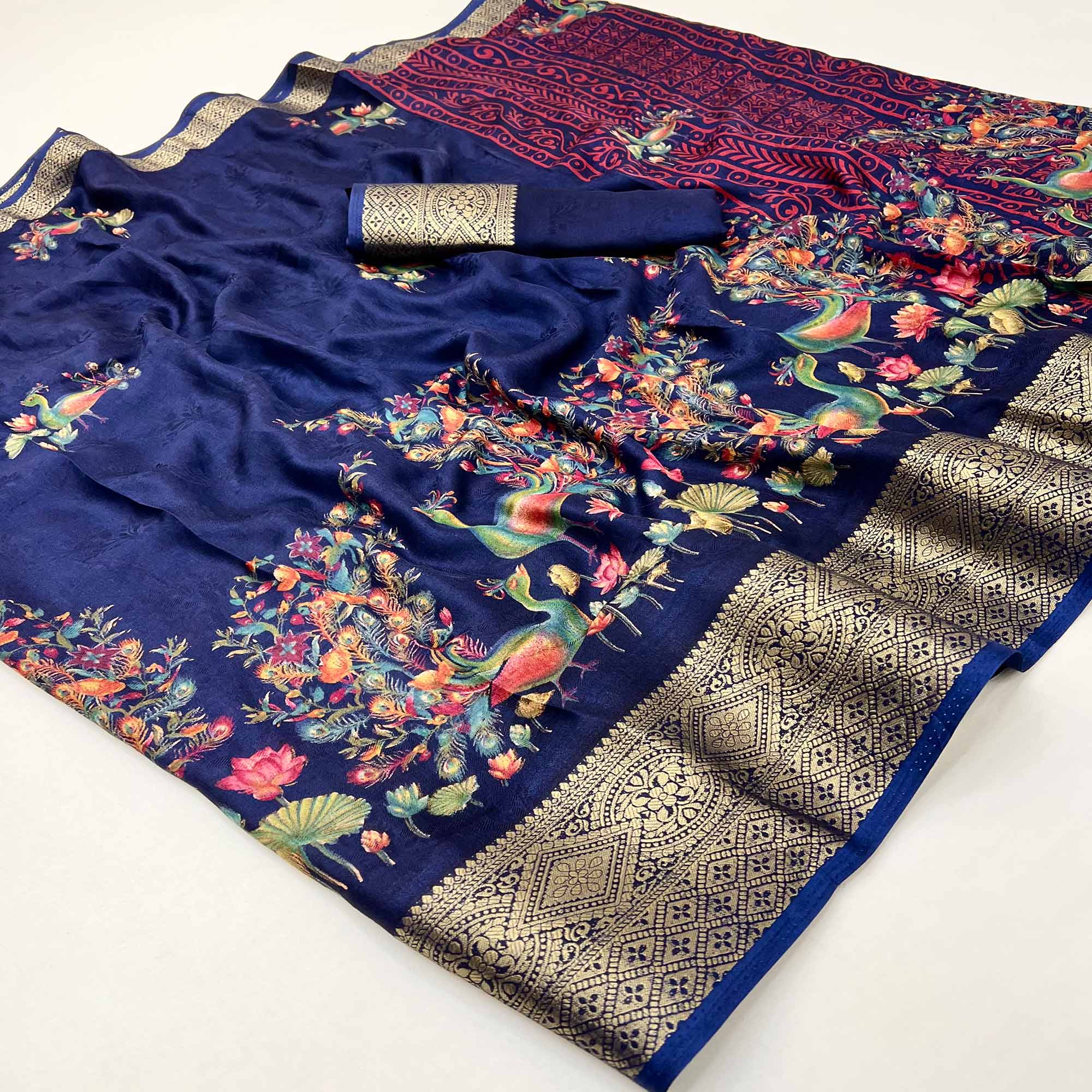 Blue Peacock Patterned Smooth Georgette Drape Featuring Zari Border