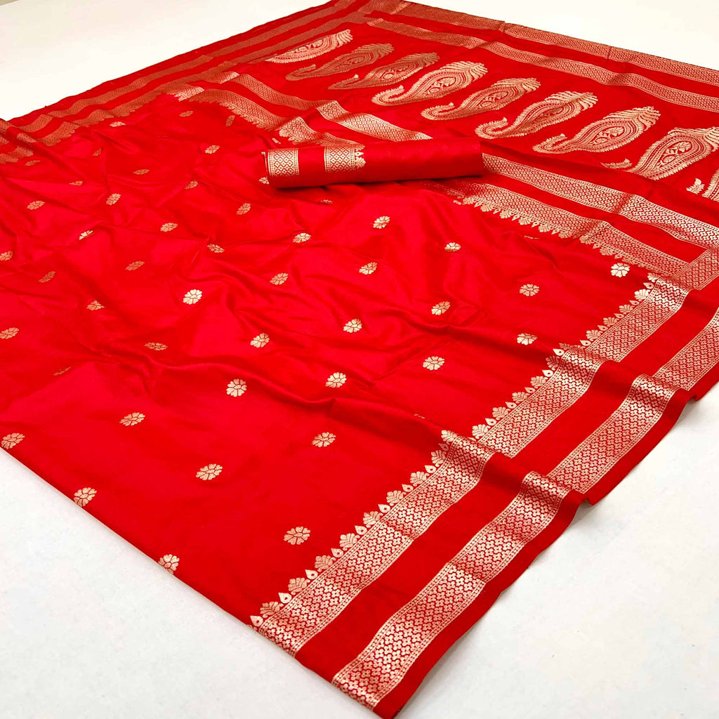 Red Ornate Floral Zari Weaving Work Silk Blend Saree With Festive Shin