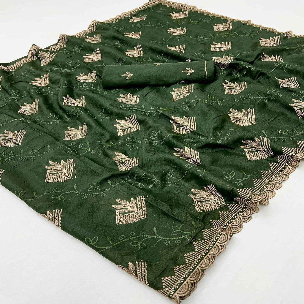 Elegant Green Georgette Saree Accented With Intricate Floral Thread Em