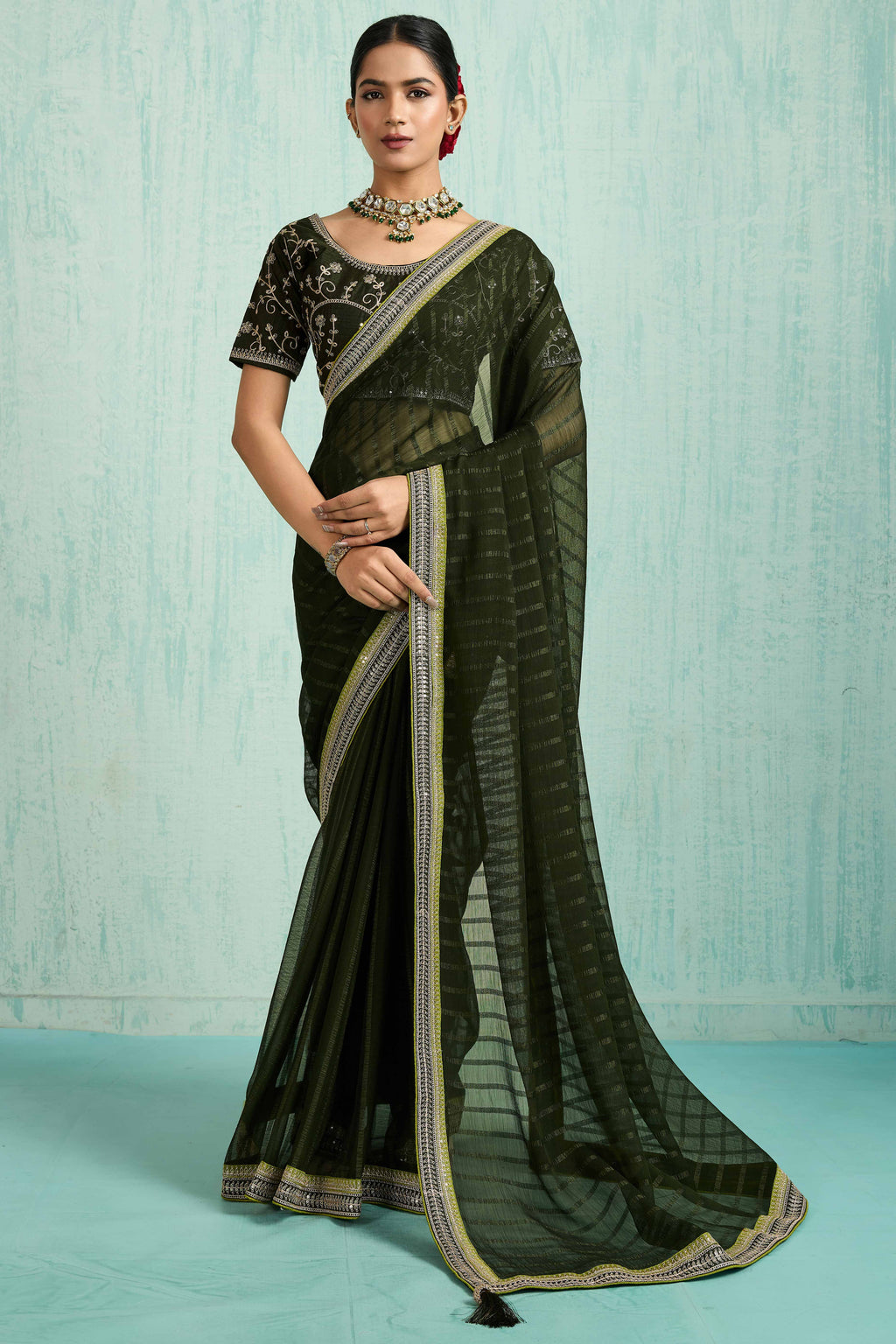 Mehandi Green Chiffon Saree With Elegant Stripes & Sequins Embroidered