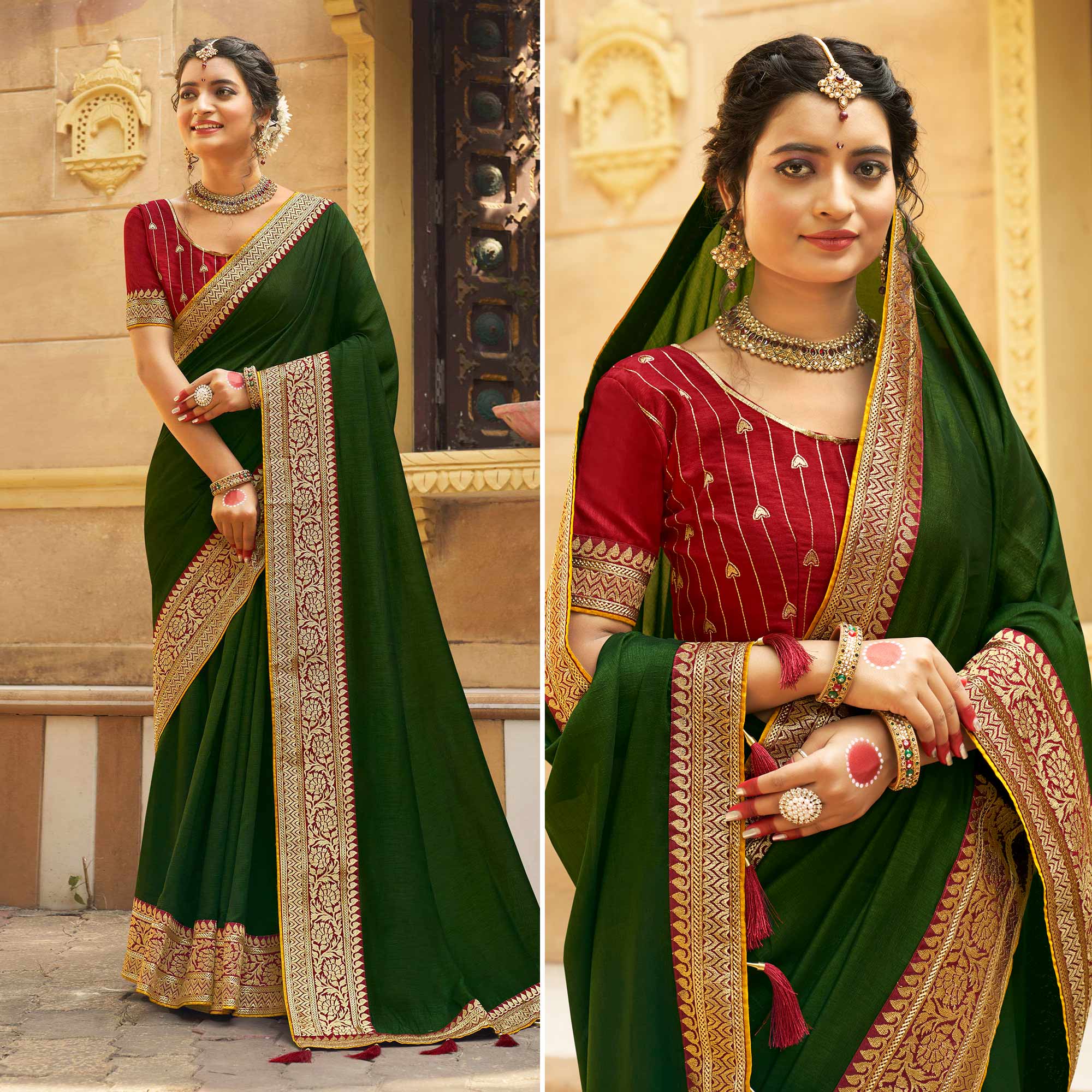 Green Solid With Embroidered Border Vichitra Silk Saree