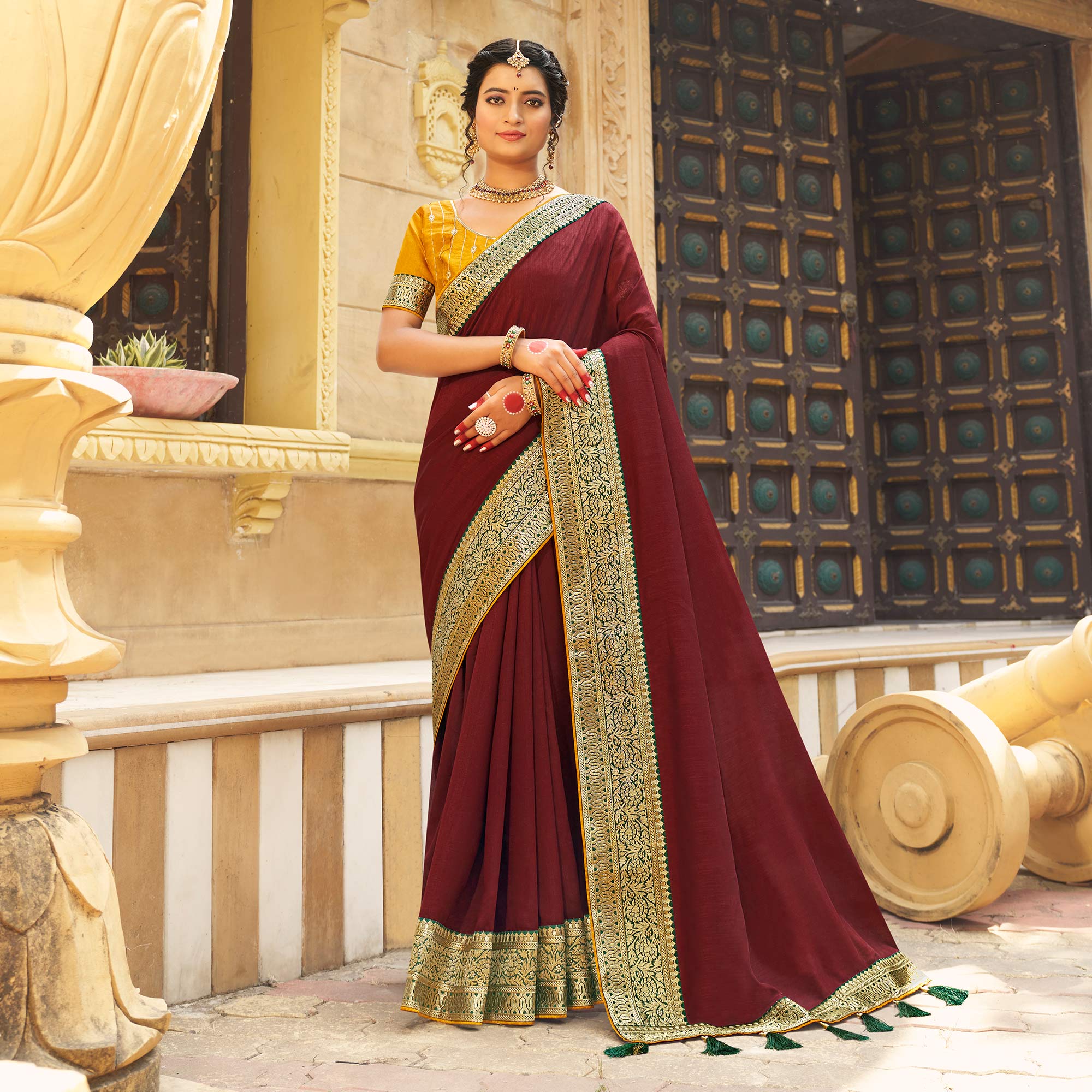 Maroon Solid With Embroidered Border Vichitra Silk Saree