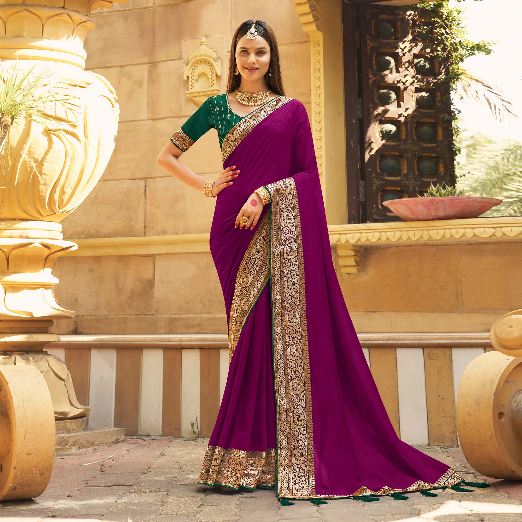 Purple Solid With Embroidered Border Vichitra Silk Saree