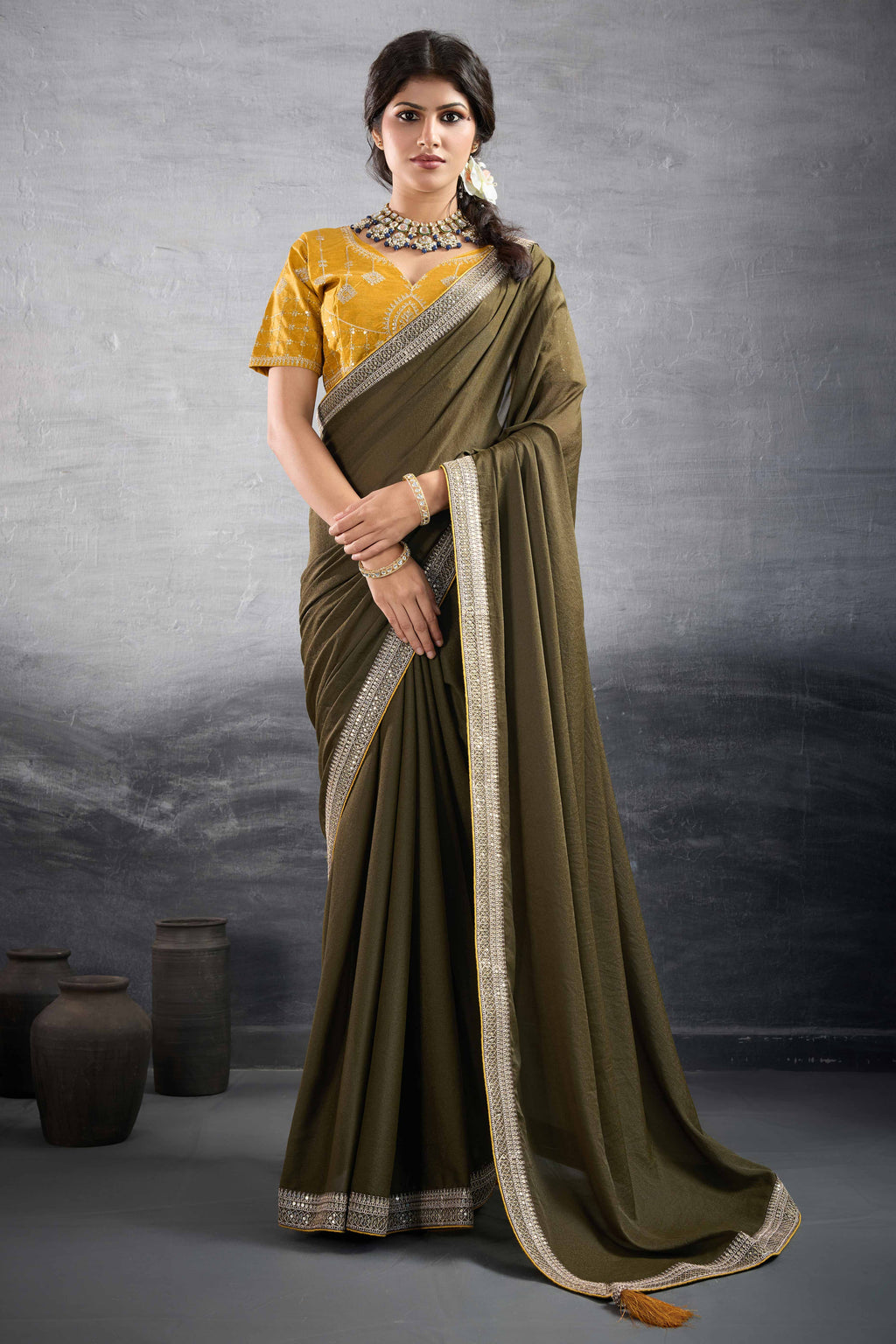 Mehendi Green Solid Saree In Georgette With Zari & Sequins Embroidery