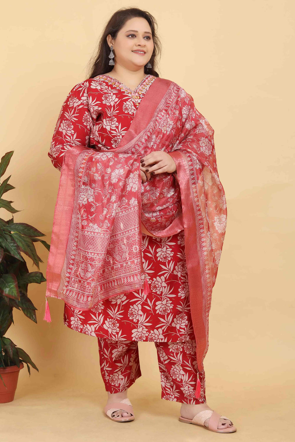 Red Floral Printed Viscose Straight Salwar Suit