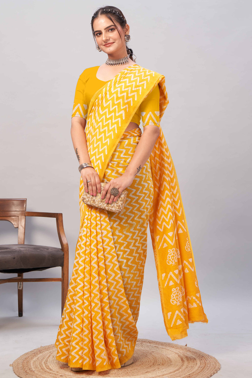 Yellow Zig Zag Batik Printed Chanderi Cotton Silk Saree