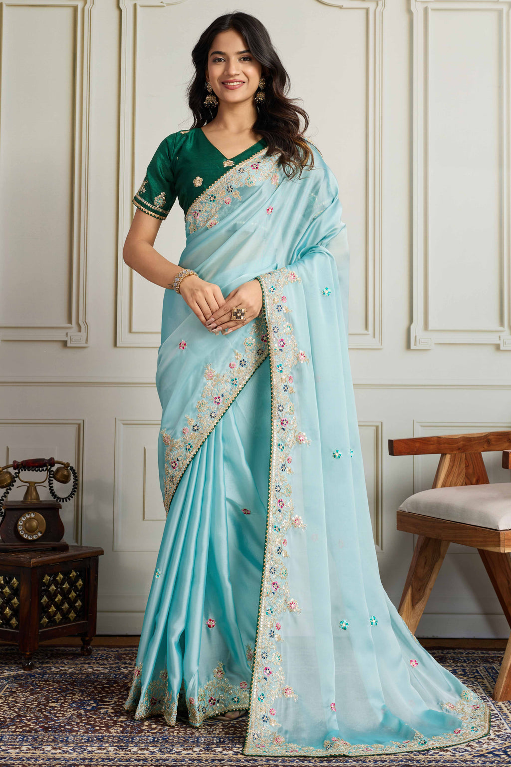 Aqua Blue Star Georgette Party Saree with Sequins and Floral Embroider
