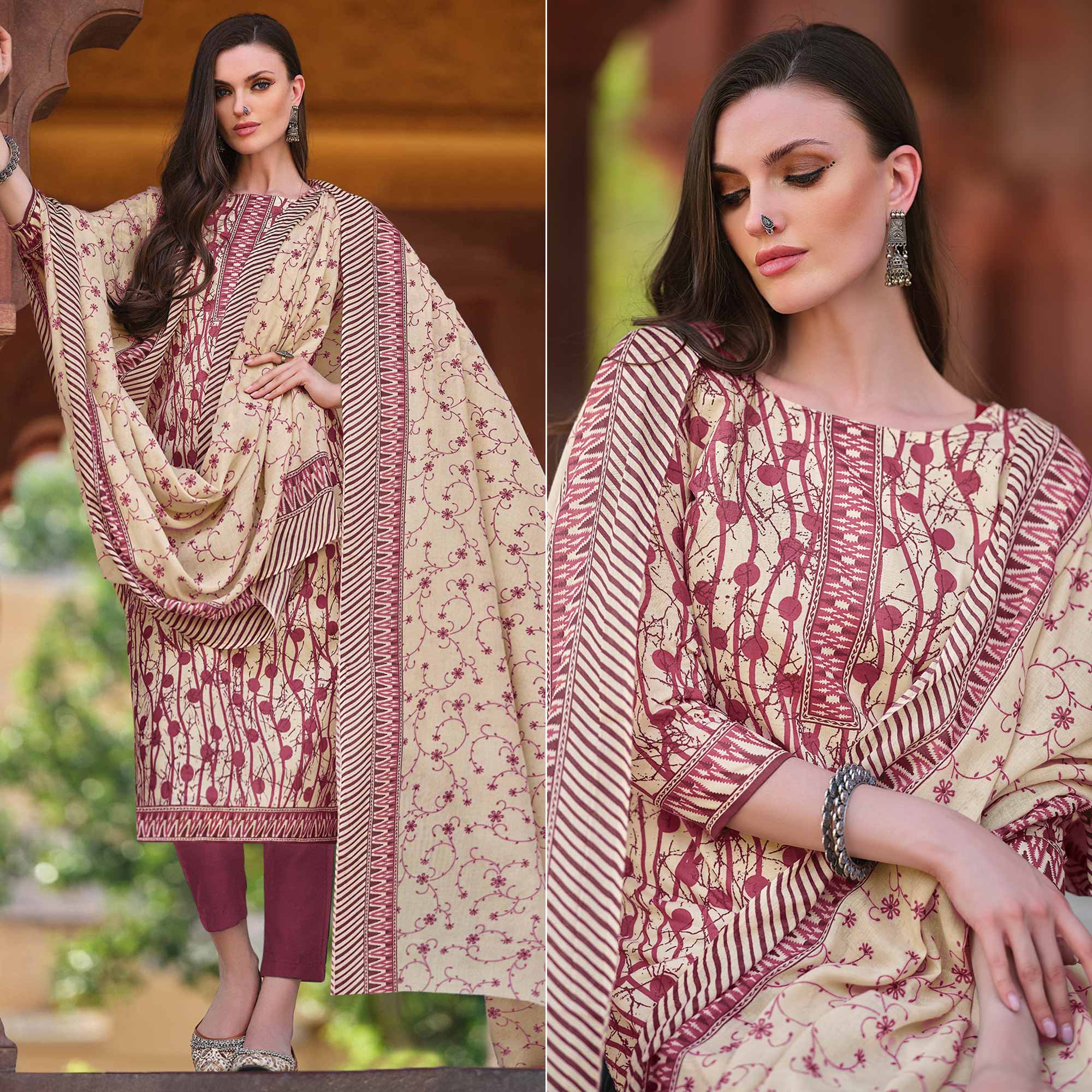 Dusty Pink Printed Pure Cotton Dress Material