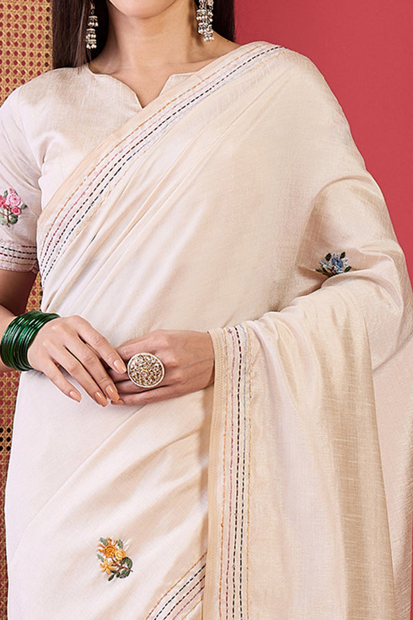 Traditional Cream Tussar Silk Saree Highlighted with Fine Thread Embro