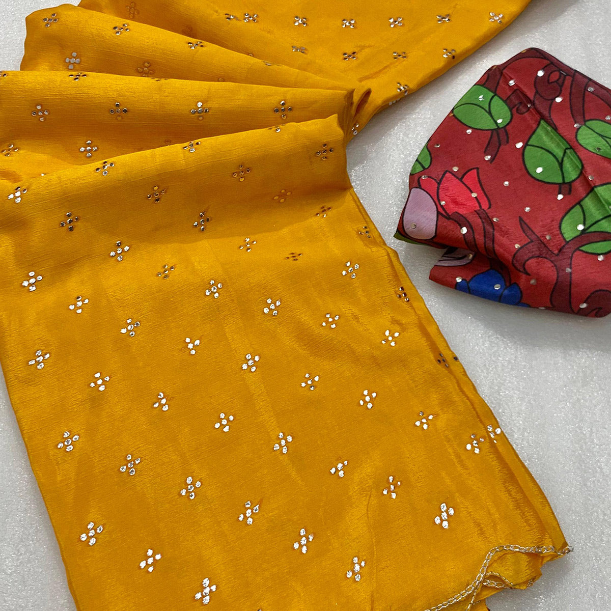 Mustard Mukaish Work Chinon Saree