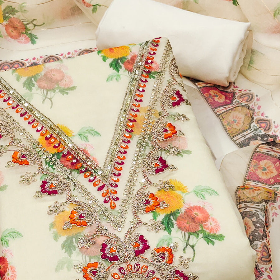 Cream Floral Digital Print Dress Material With Sequins & Cording Embro