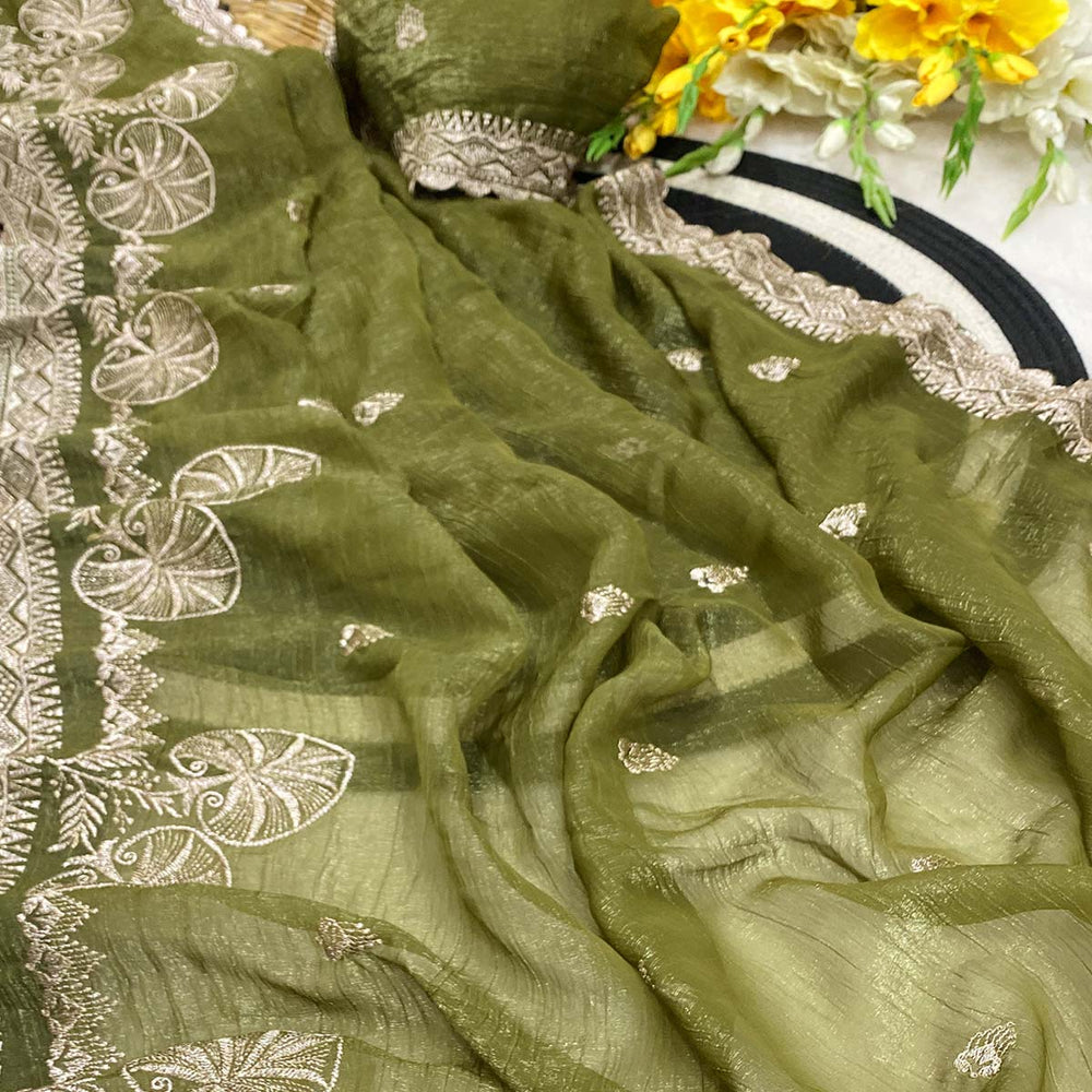 Green Thread Work Chiffon Silk Saree Premium Crunchy Texture Festive W