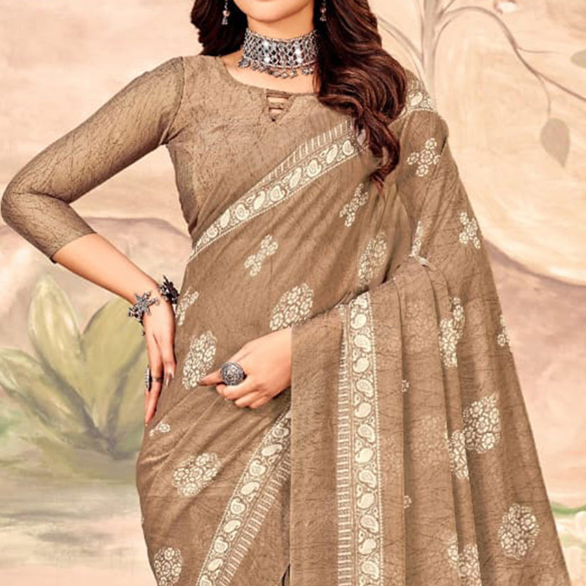 Chikoo Floral Printed Chiffon Saree