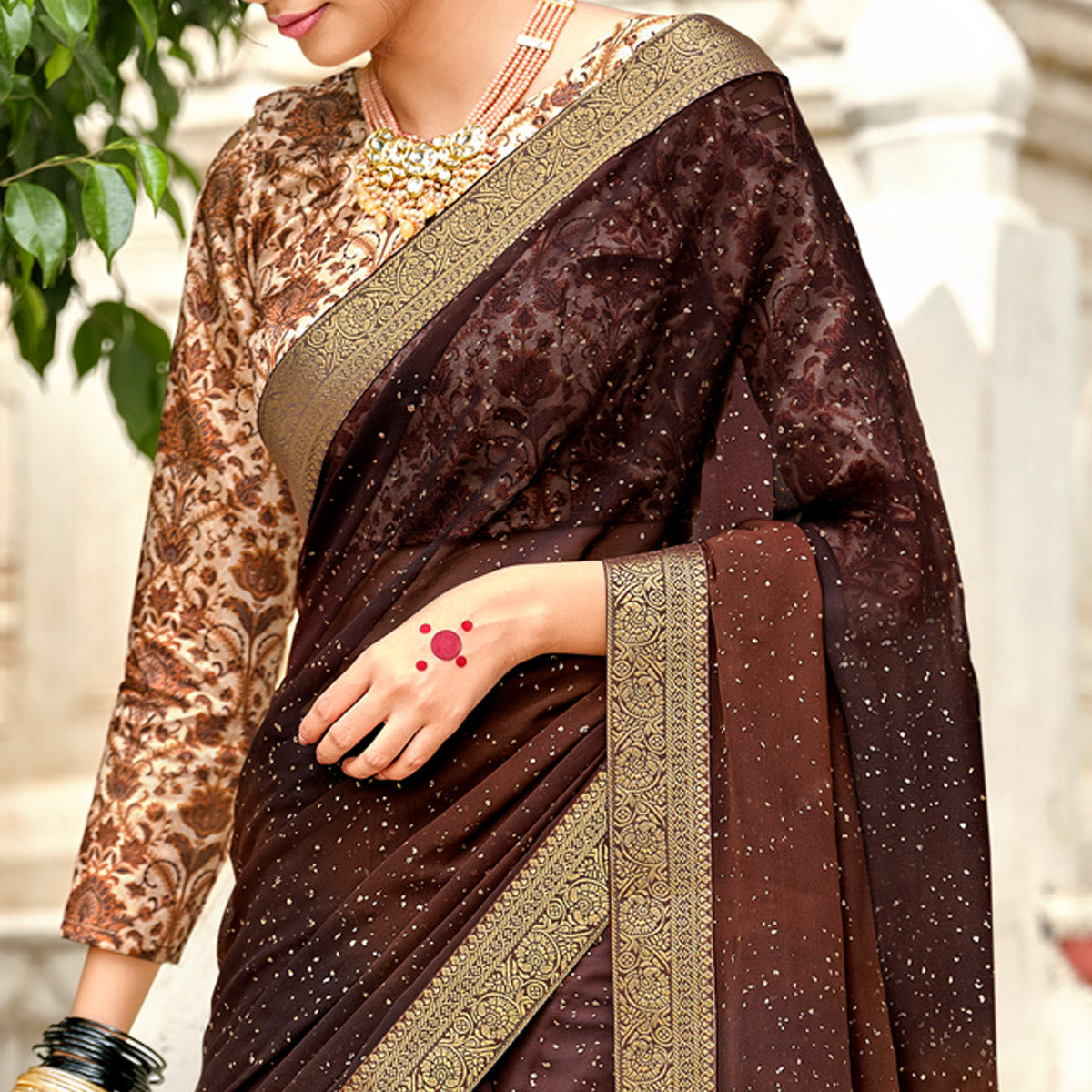 Brown Partywear Printed Georgette Saree With Gold Zari
