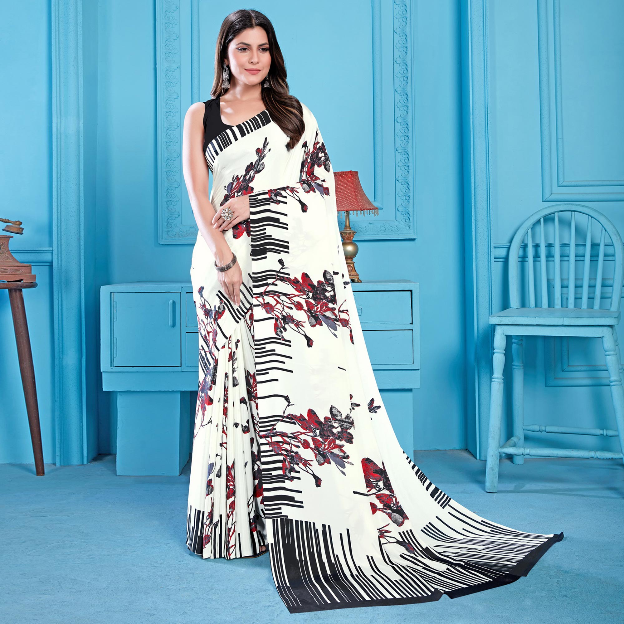 White Floral Printed Crepe Silk Saree