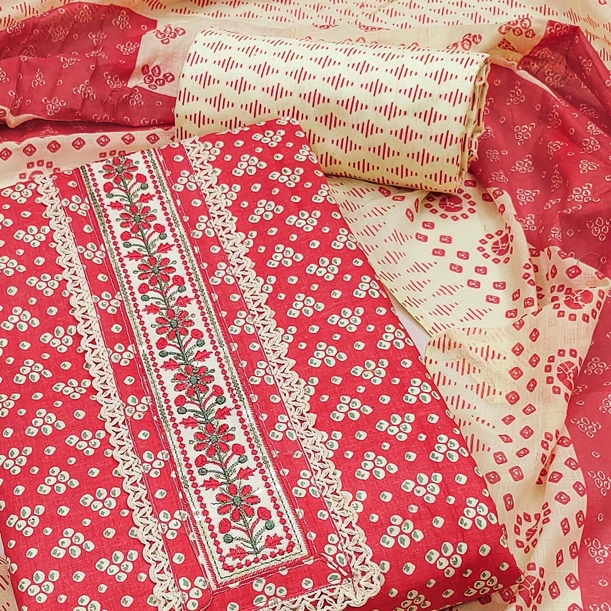 Gajari Red Printed With Embroidery Pure Cotton Dress Material