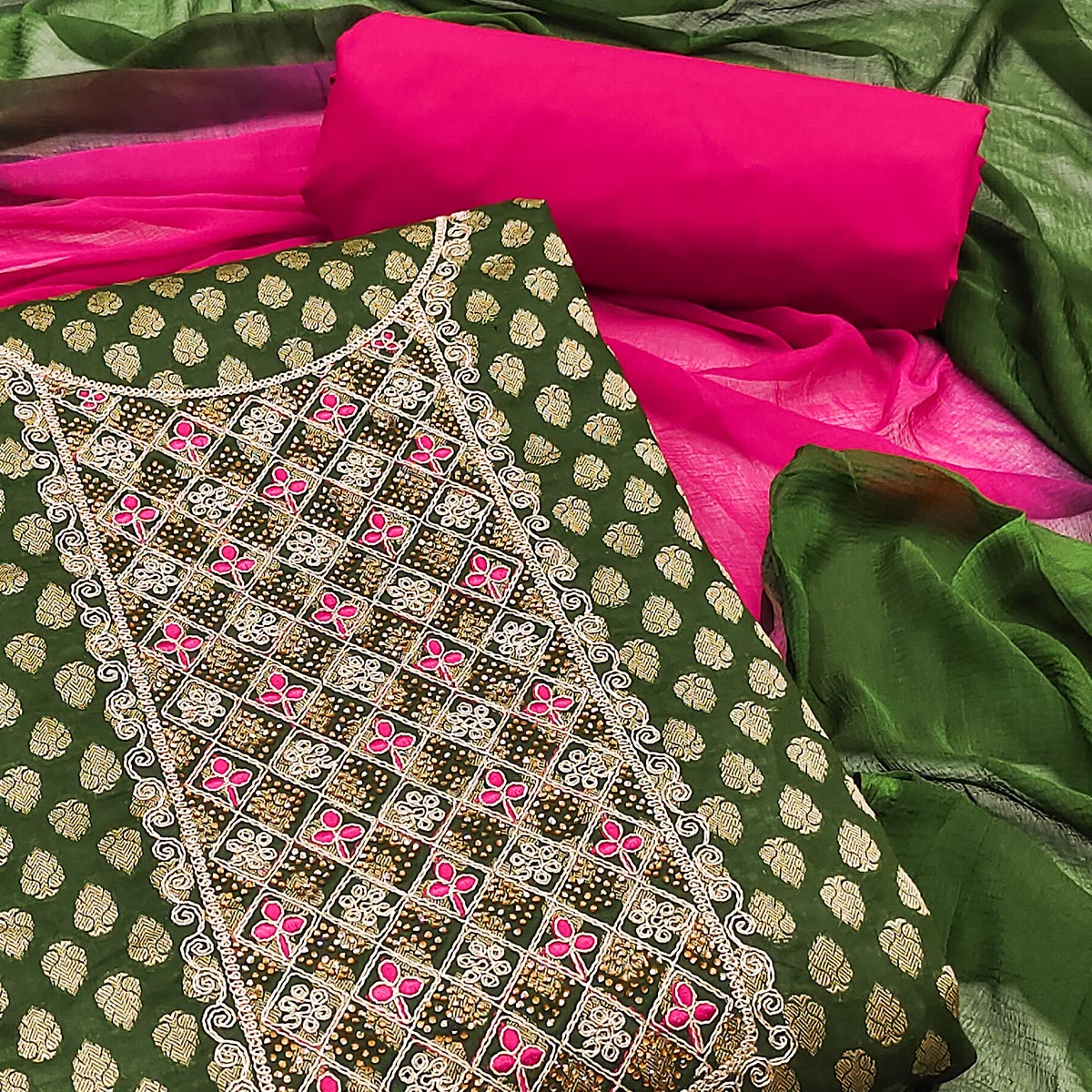 Mehandi Green Butti Design Woven Jacquard Dress Material