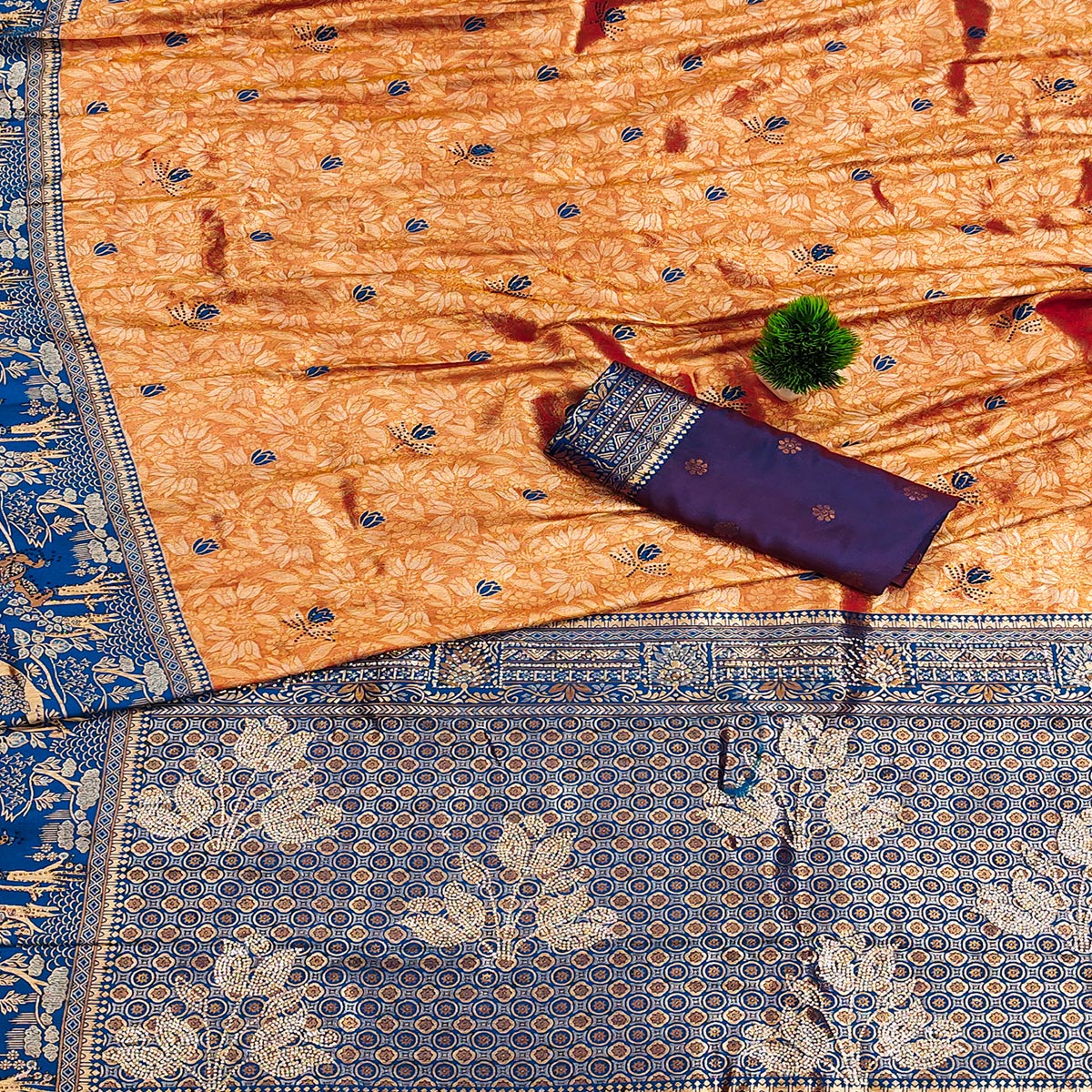 Rusty Orange Silk Blend Saree Featuring Elegant Floral Weaving Work