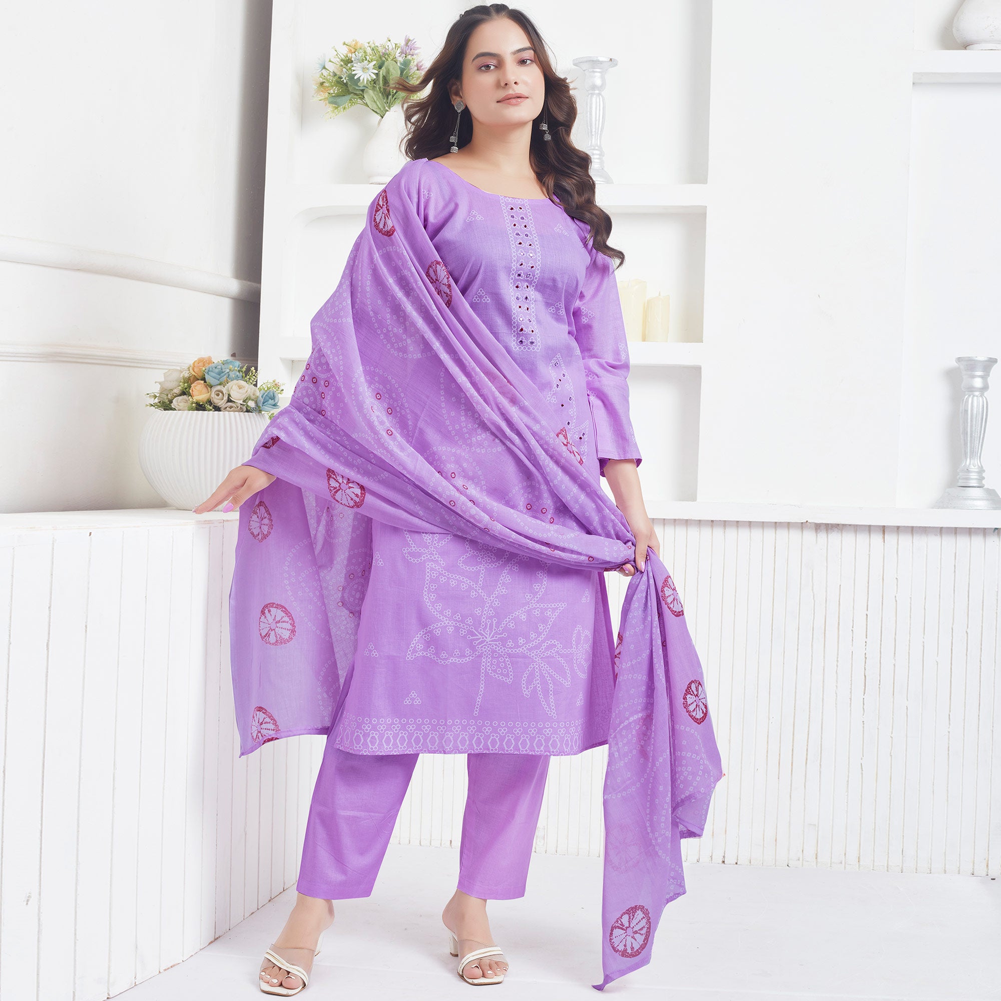 Lavender Printed Pure Cotton Salwar Suit With Mirror Work