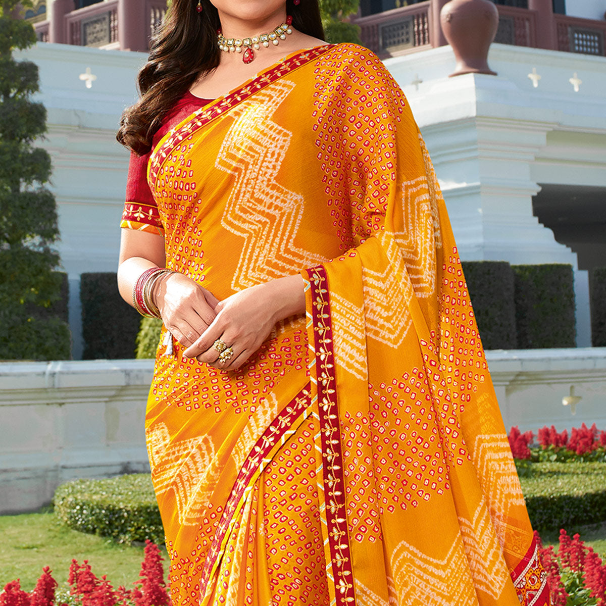 Yellow Bandhani Printed Chiffon Saree