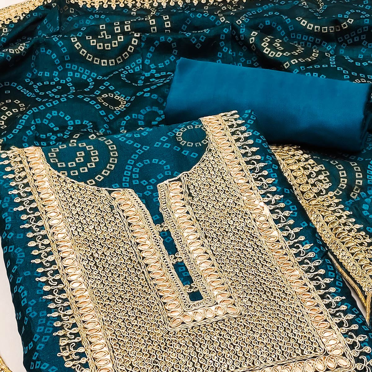 Morpich Printed With Embroidered Vichitra Silk Dress Material