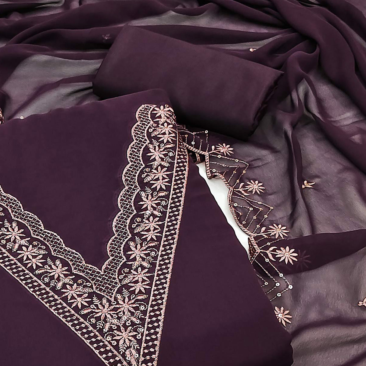 Wine Floral Embroidered Georgette Dress Material