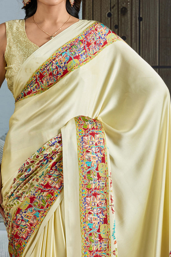 Classic Cream Solid Modal Satin Saree With Multicolor Traditional Folk