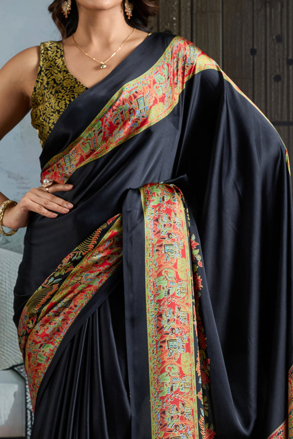 Classic Black Solid Modal Satin Saree With Multicolor Traditional Folk