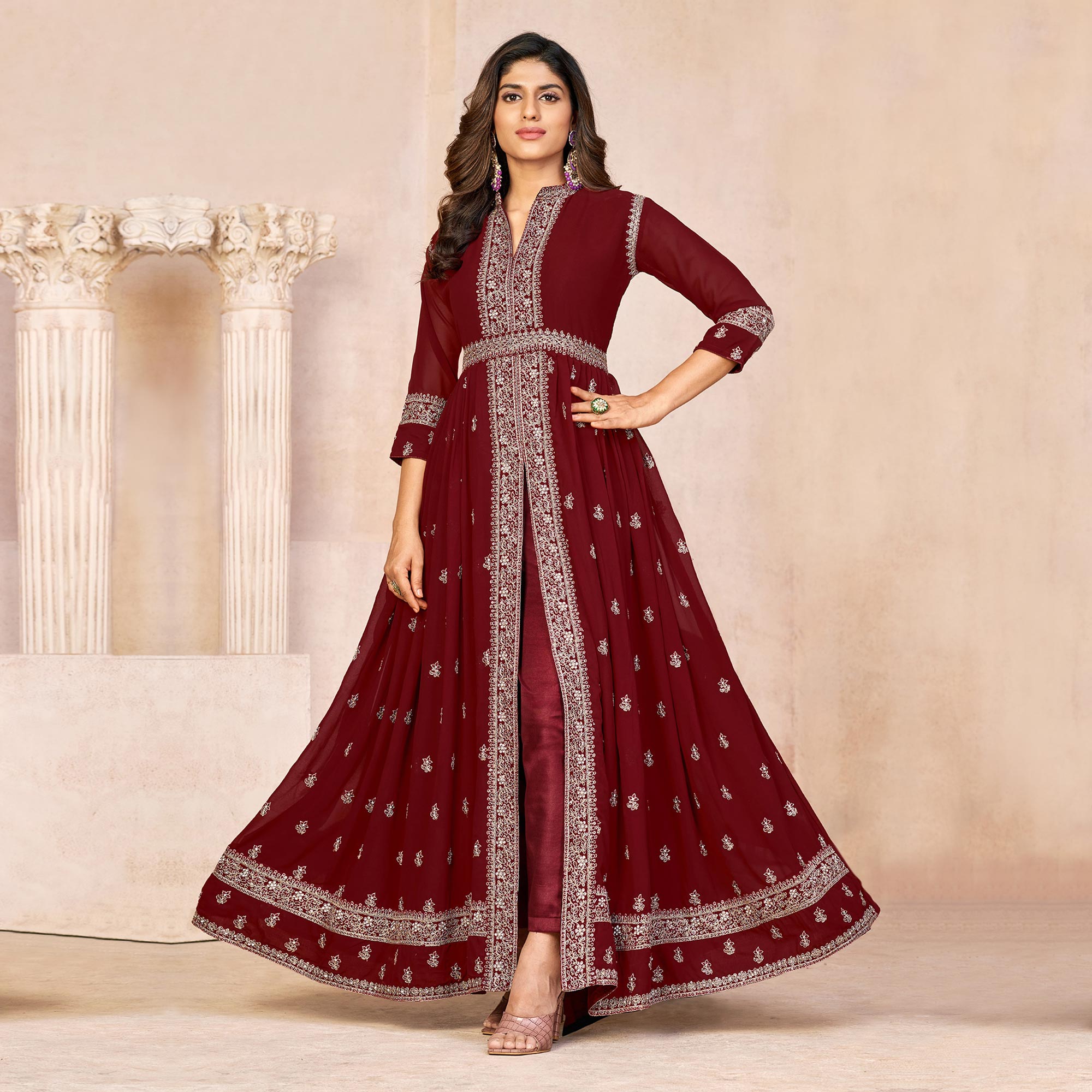 Maroon Floral Embroidered Front Slit Semi Stitched Georgette Anarkali