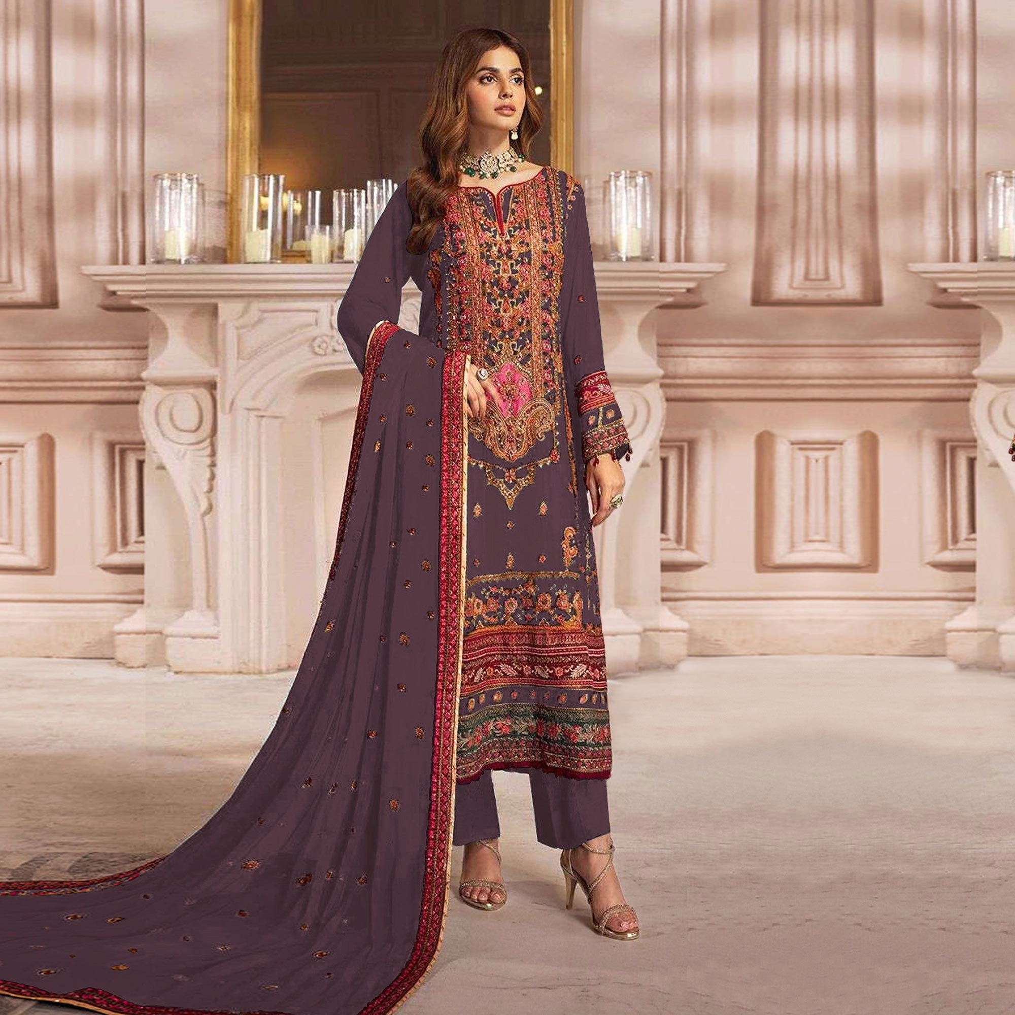 Dark Mauve Embroidered Georgette Pakistani Dress Material