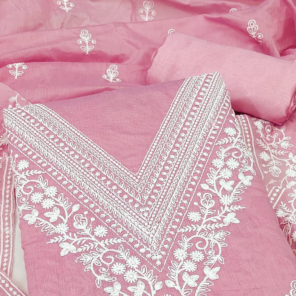 Traditional Pink Chanderi Silk Suit Fabric with Embroidered Floral Pat