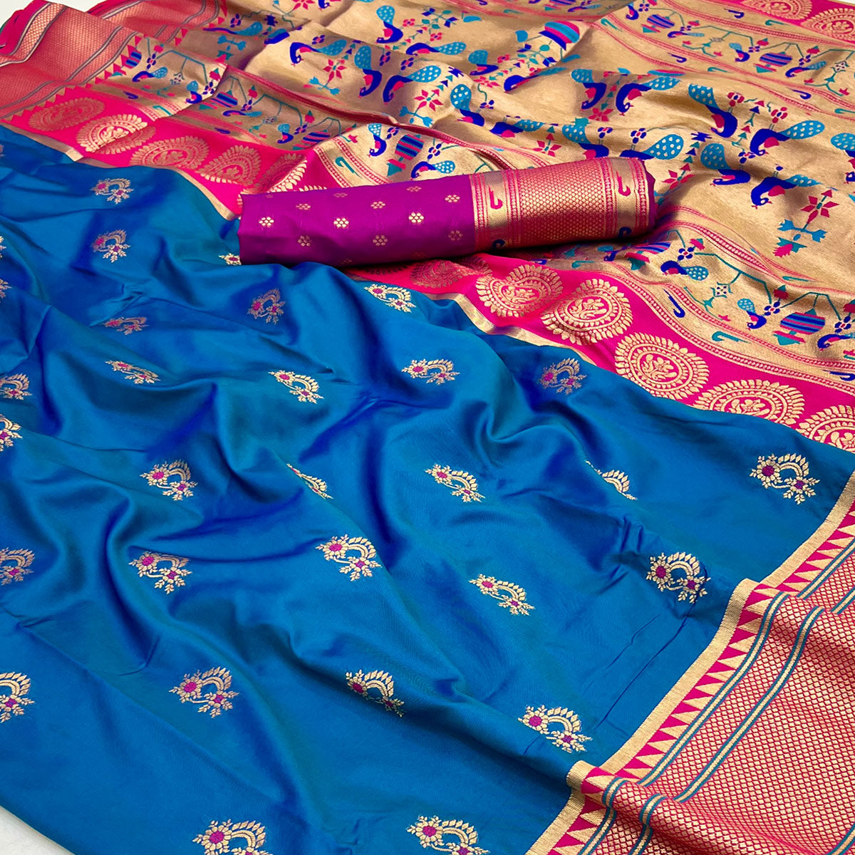 Morpich Blue Floral Woven Pure Silk Saree
