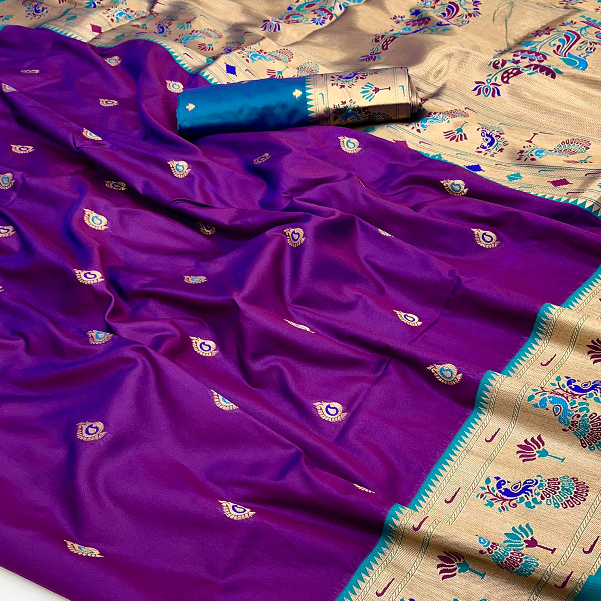 Purple Floral Woven Pure Silk Paithani Saree