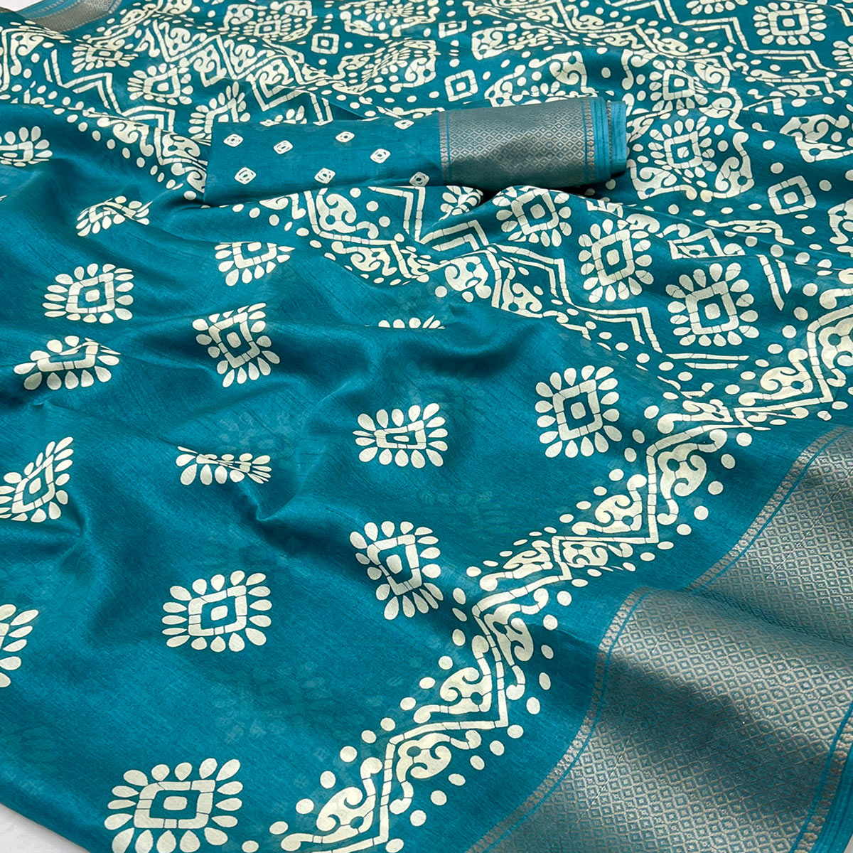 Rama Blue Batik Printed Dola Silk Saree With Woven Border