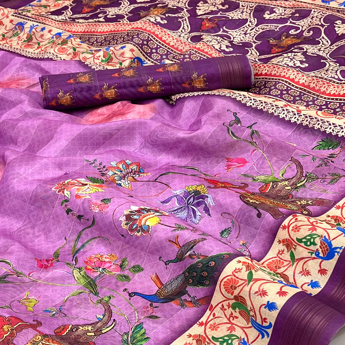 Magenta Cotton Blend Saree Highlighted With Animal & Floral Digital Pr