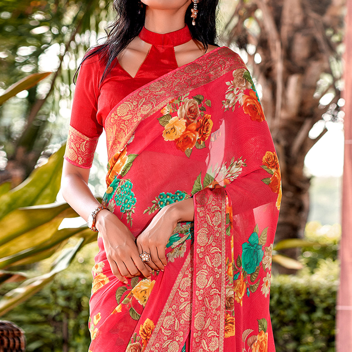 Pink Floral Printed Georgette Saree With Border & Jacquard Blouse