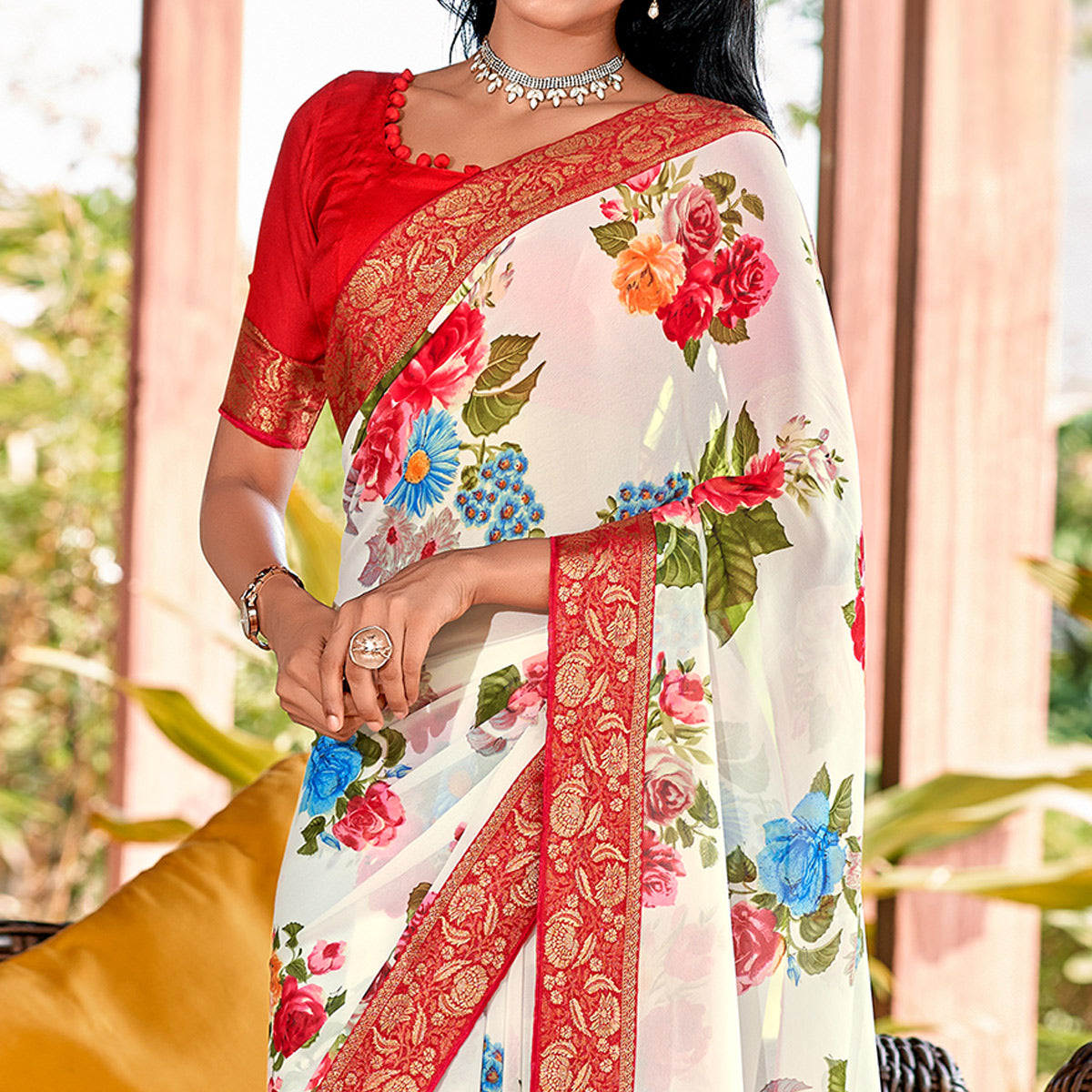 White Floral Printed Georgette Saree With Border & Jacquard Blouse