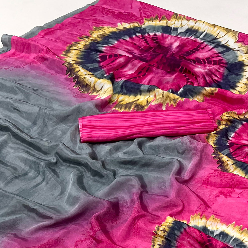 Grey & Pink Printed Crepe Silk Saree
