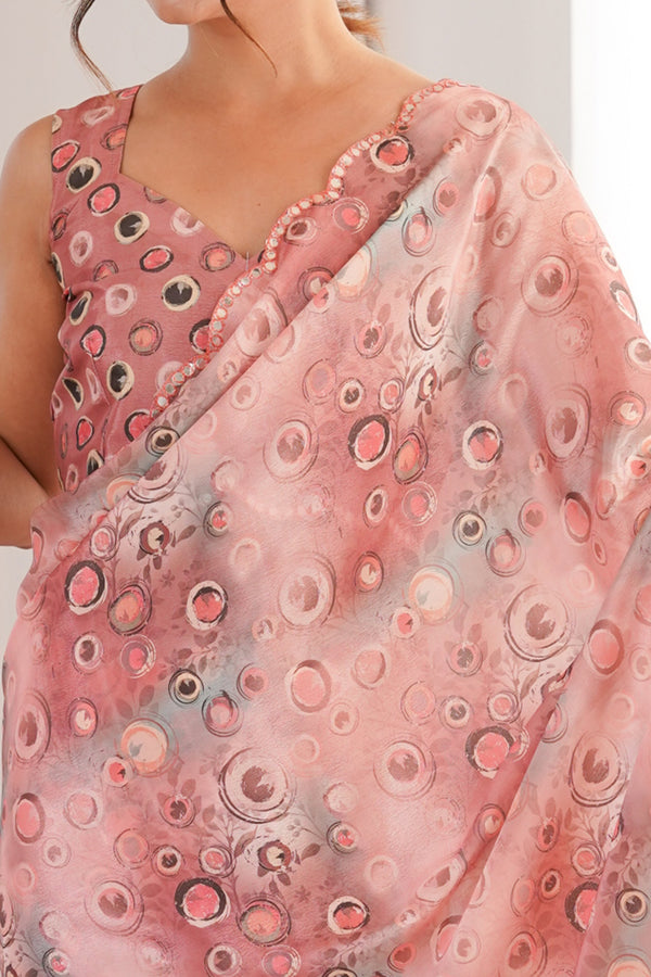 Graceful Pale Pink Digital Print Chinon Saree Featuring A Refined Embr