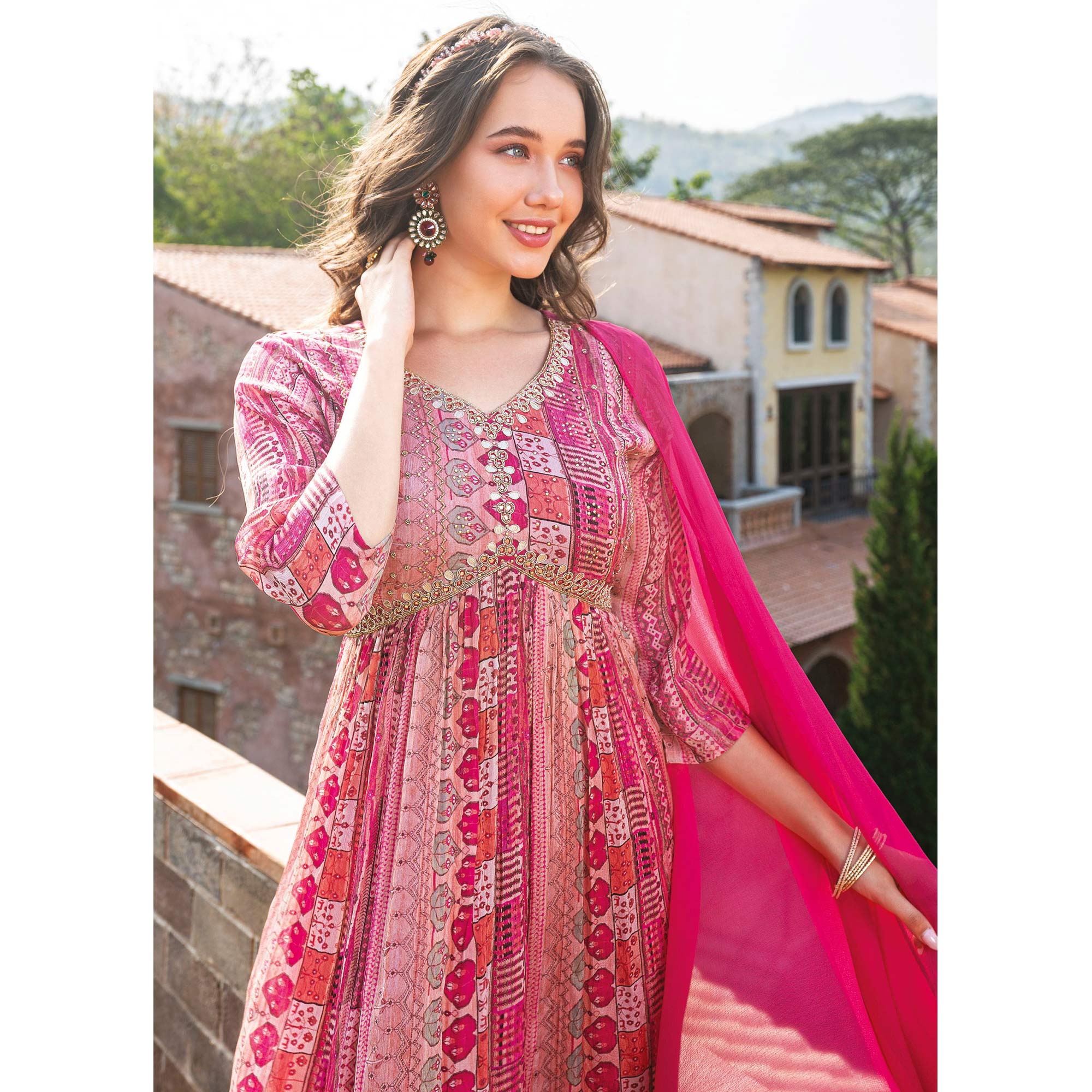 Gajari Pink Printed Chiffon Alia Cut Suit