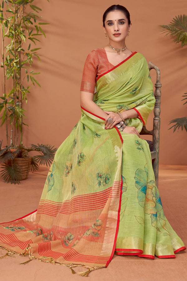 Green Woven Floral Printed Linen Blend Saree with Soft Elegant Texture