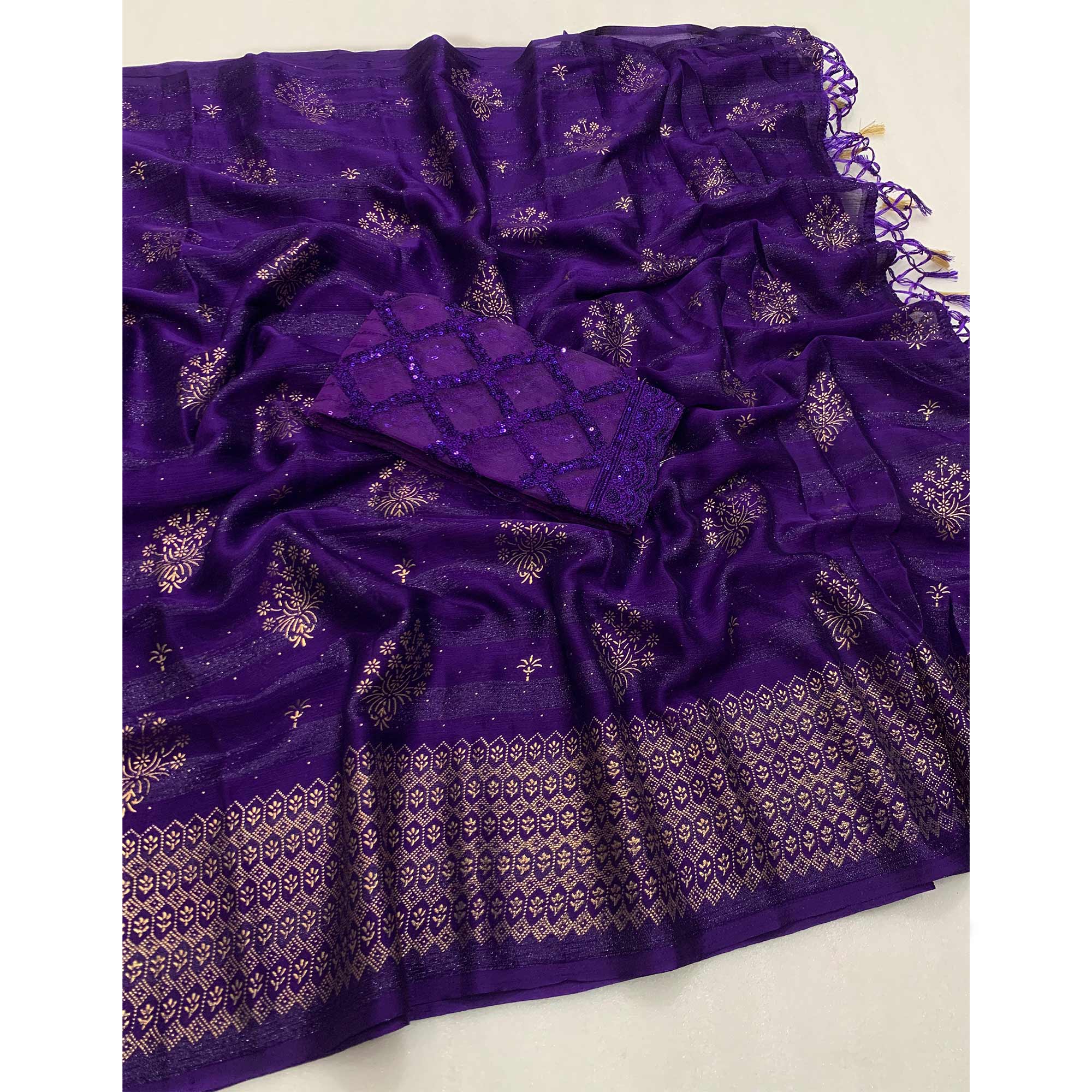 Violet Emboss Floral Foil Printed Moss Art Silk Saree