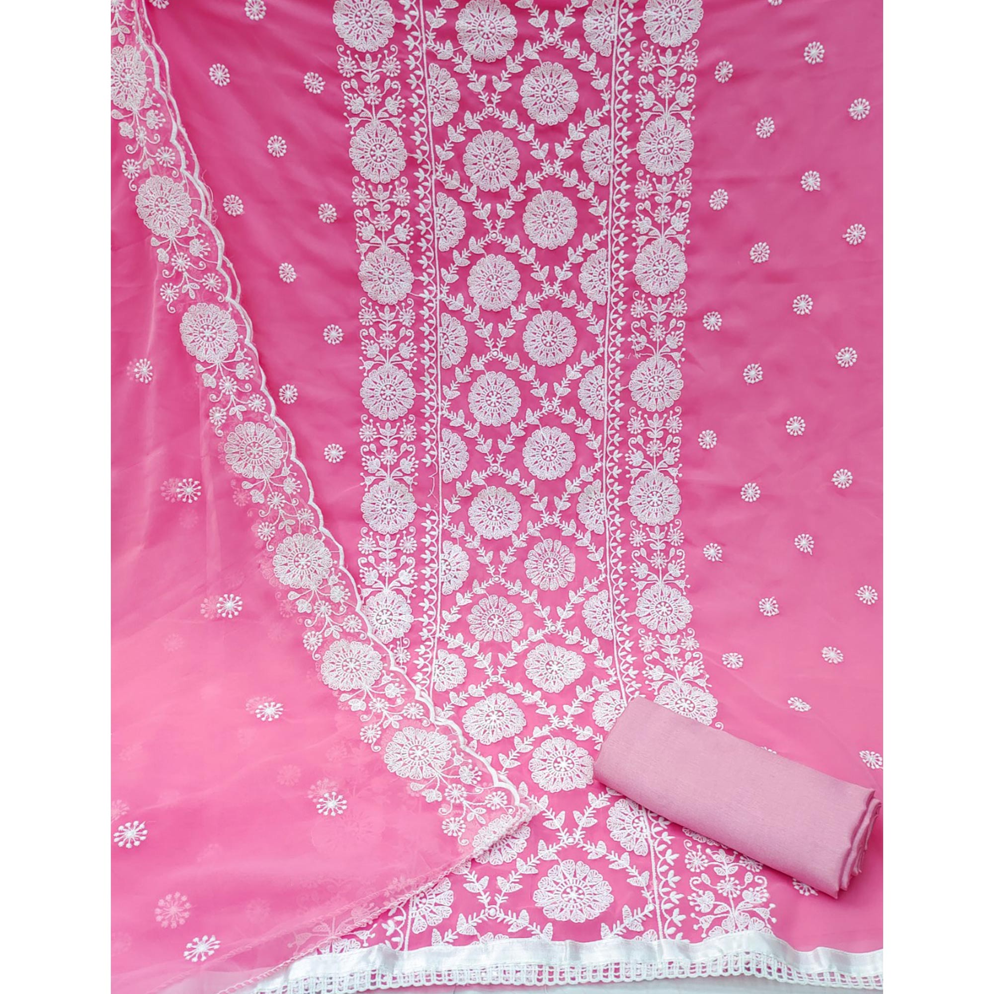 Baby Pink Floral Embroidered Georgette Dress Material