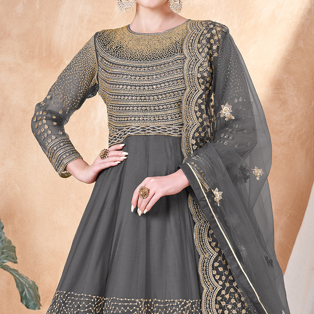 Grey Floral Embroidered Net Semi Stitched Anarkali Suit