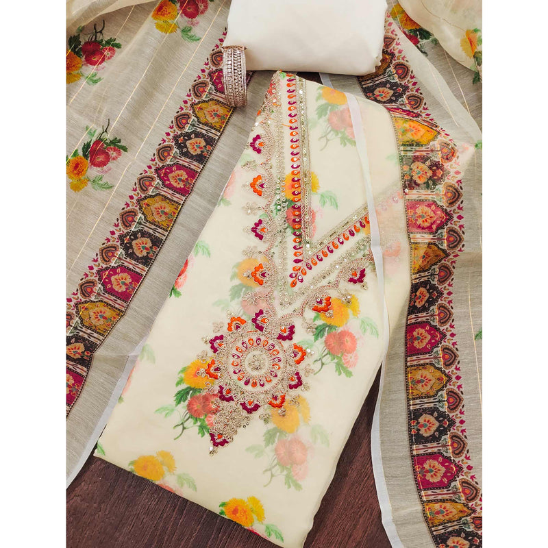 Cream Floral Digital Print Dress Material With Sequins & Cording Embro