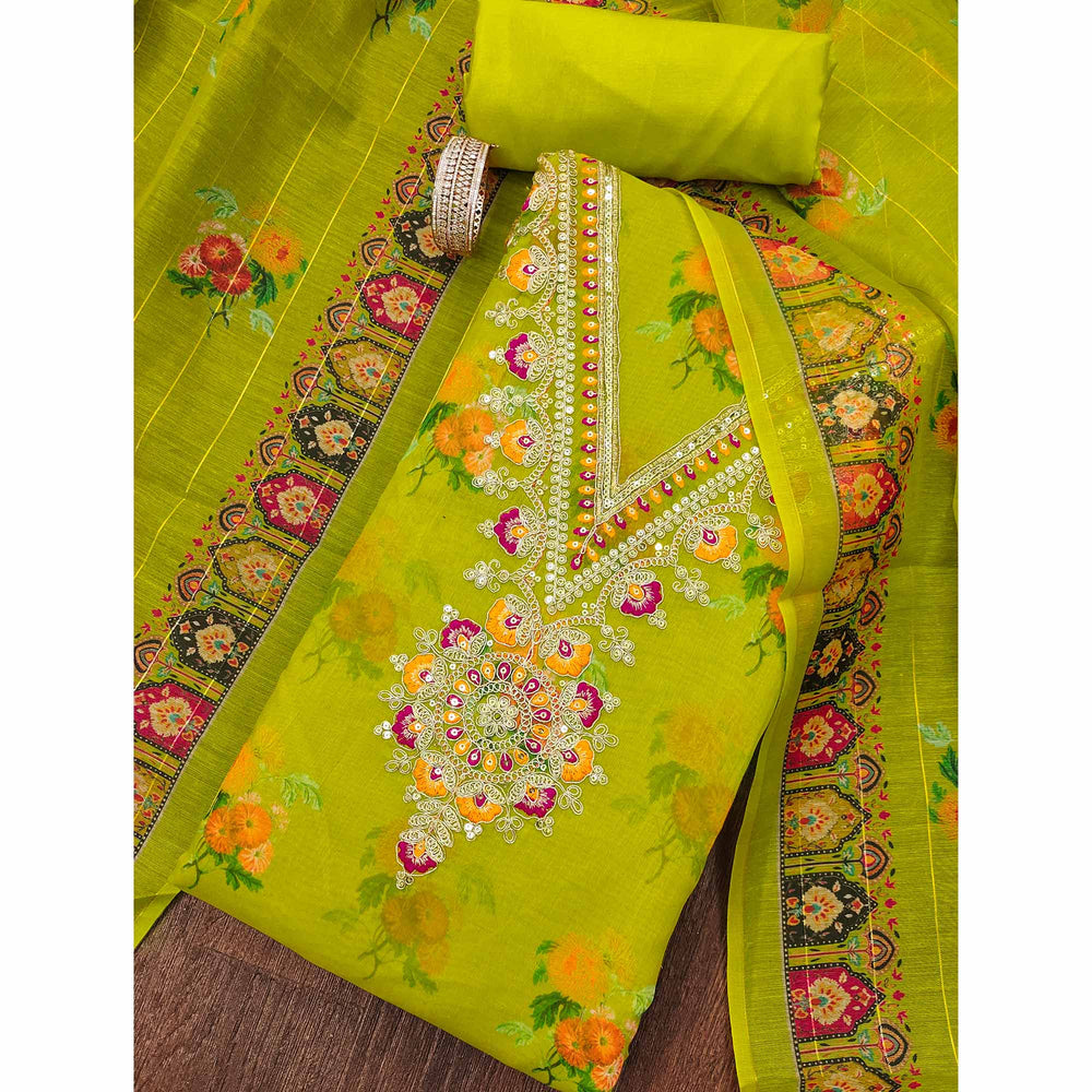 Green Floral Digital Print Dress Material With Sequins & Cording Embro