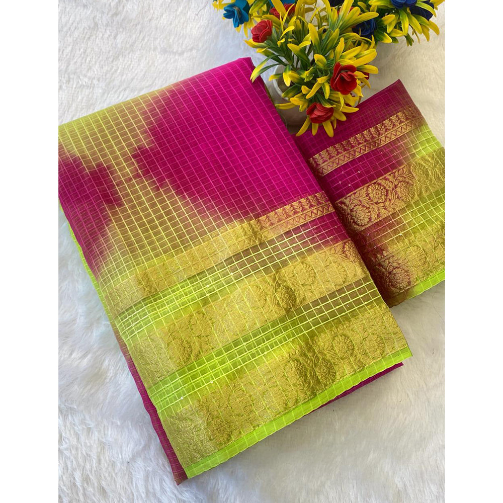 Classic Green & Pink Kerala Inspired Checked Weaving Organza Saree