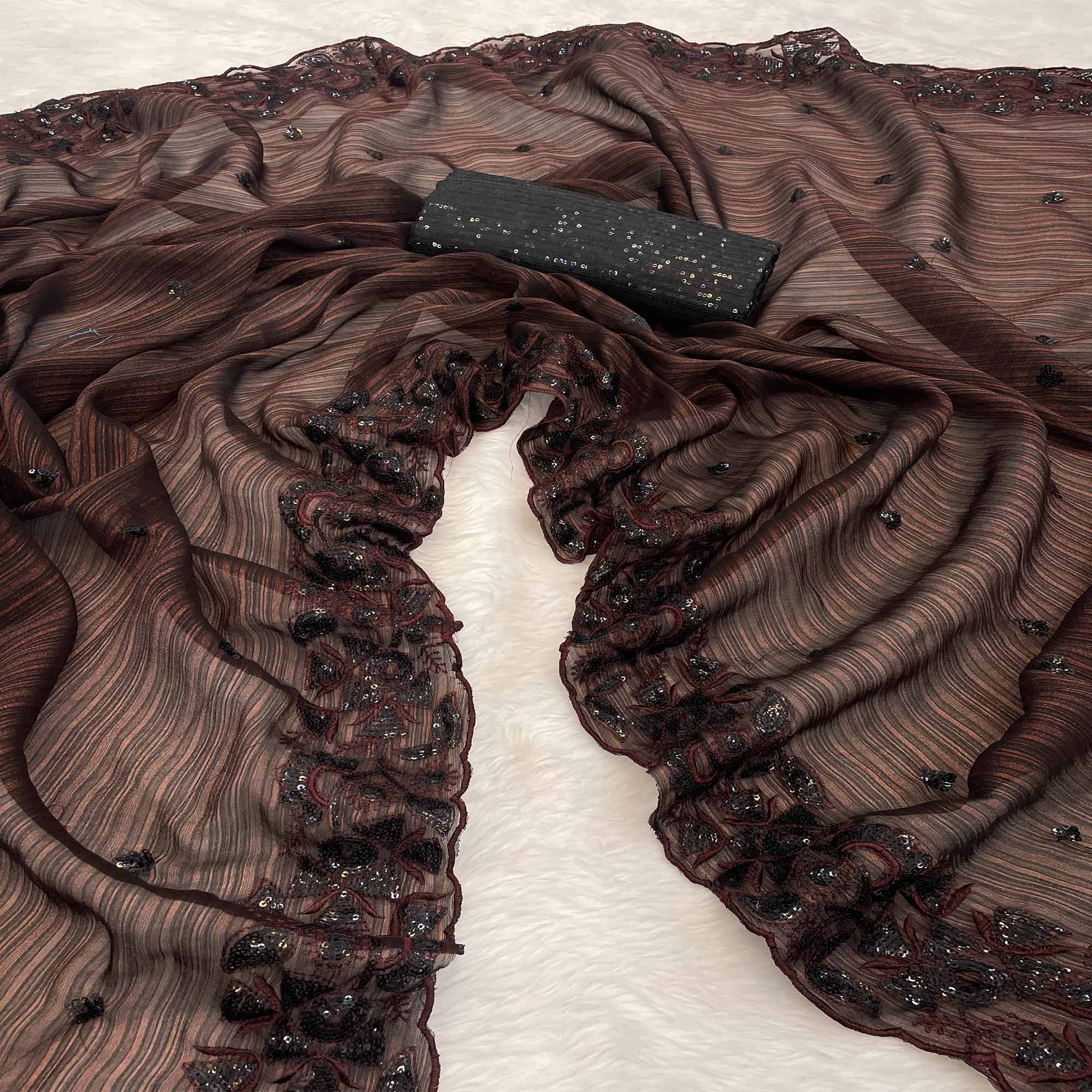 Dark Maroon Sequins Embroidered Chiffon Saree